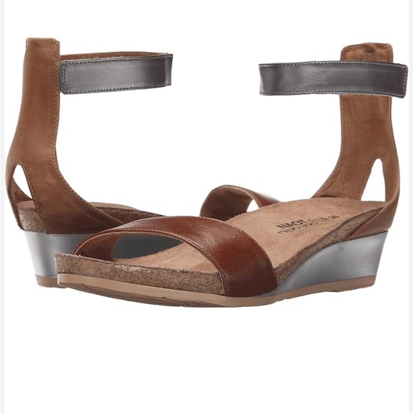 Naot | Shoes | Naot Pixie Wedge Brown And Silver Ankle Strap Sandals ...